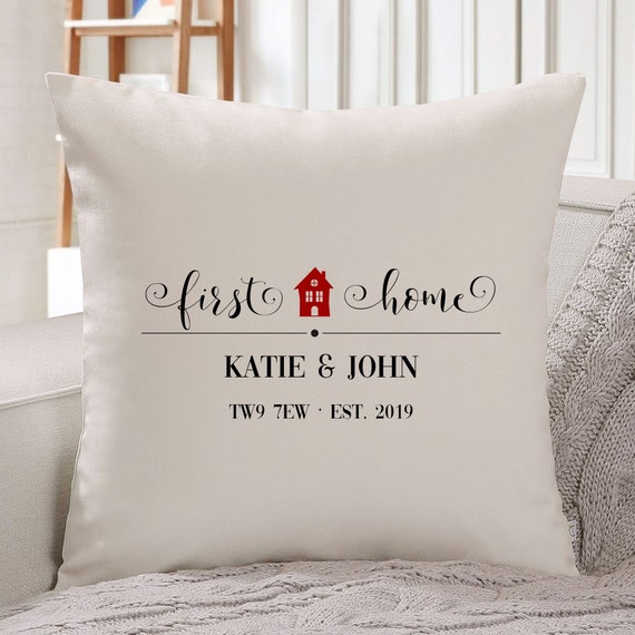First home cushion cover with names date and postcode / | Etsy