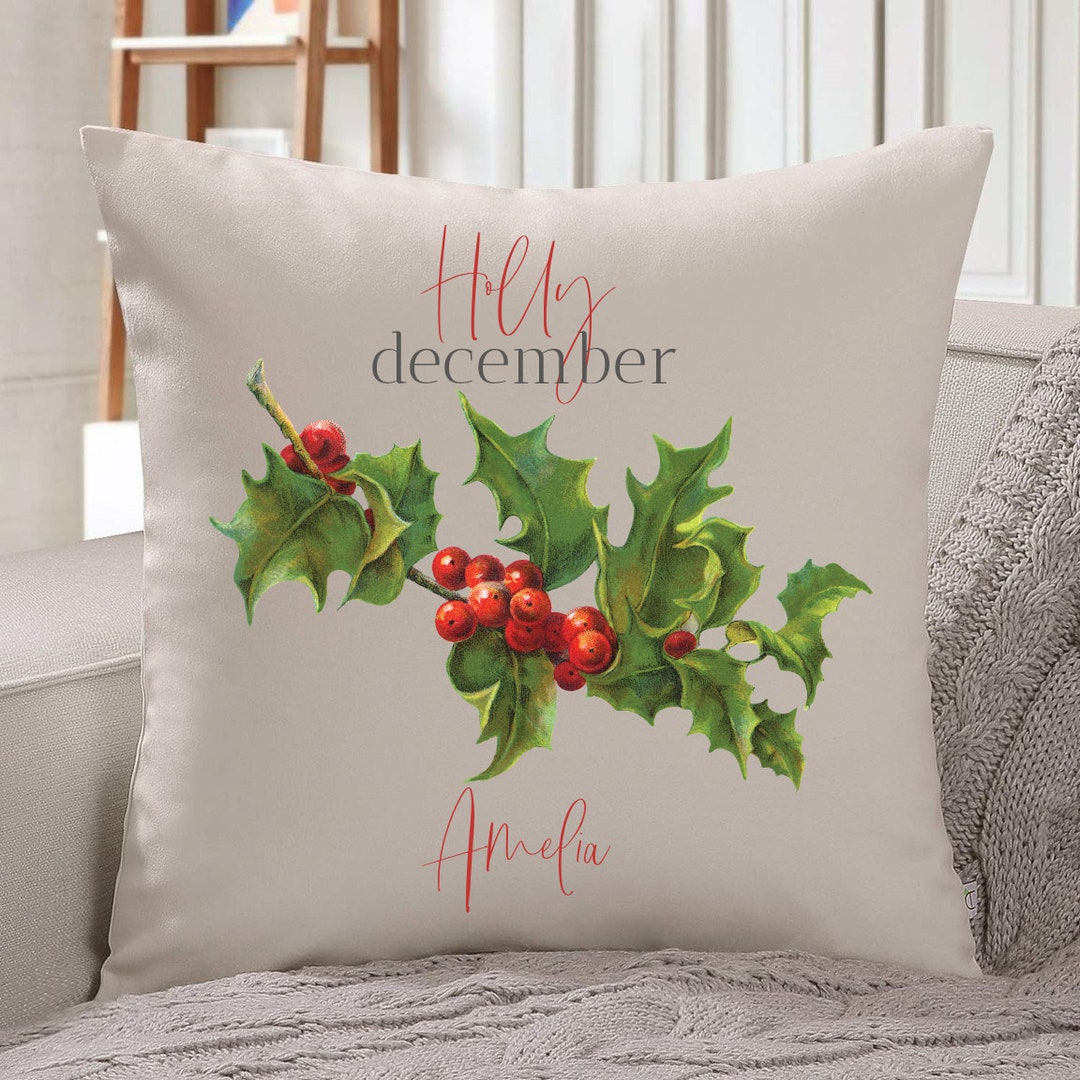 Personalised Birth Flower Cushion / December Birth Flower Holly ...