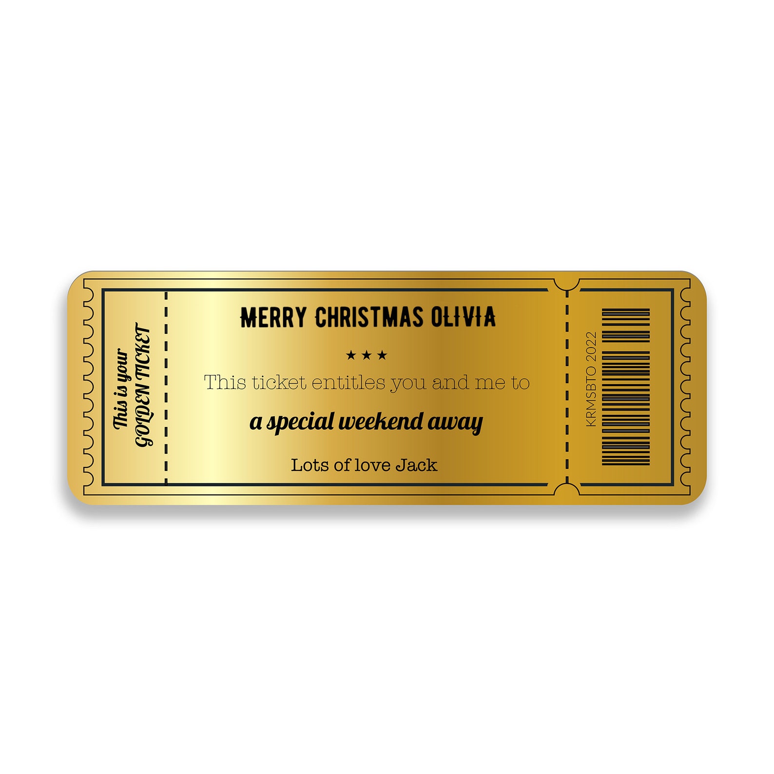 Personalised Golden Ticket / Gold Metal Card / Valentine's Day Mother's ...