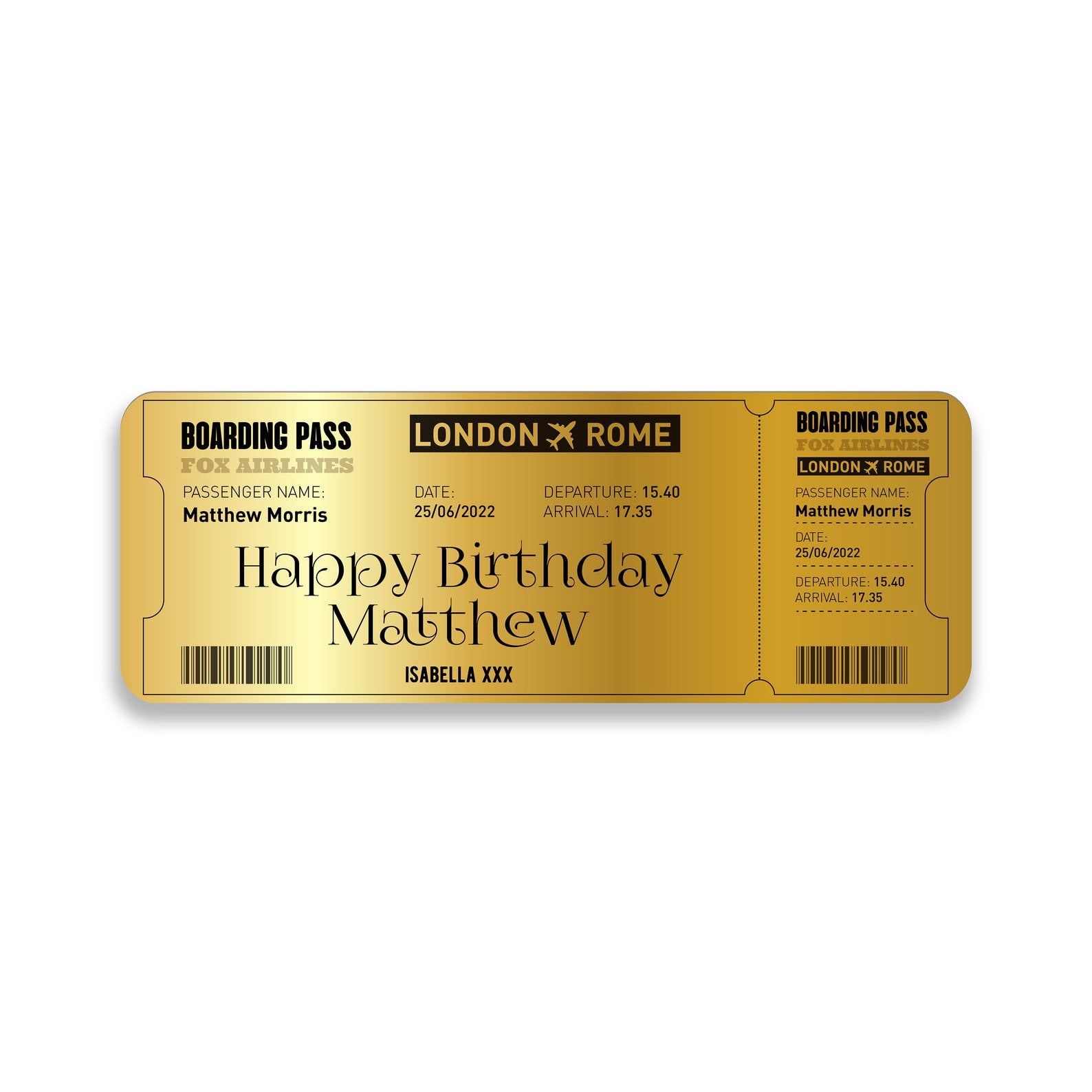 Personalised Gold Metal Boarding Pass / Gift for Her Him / Flight ...