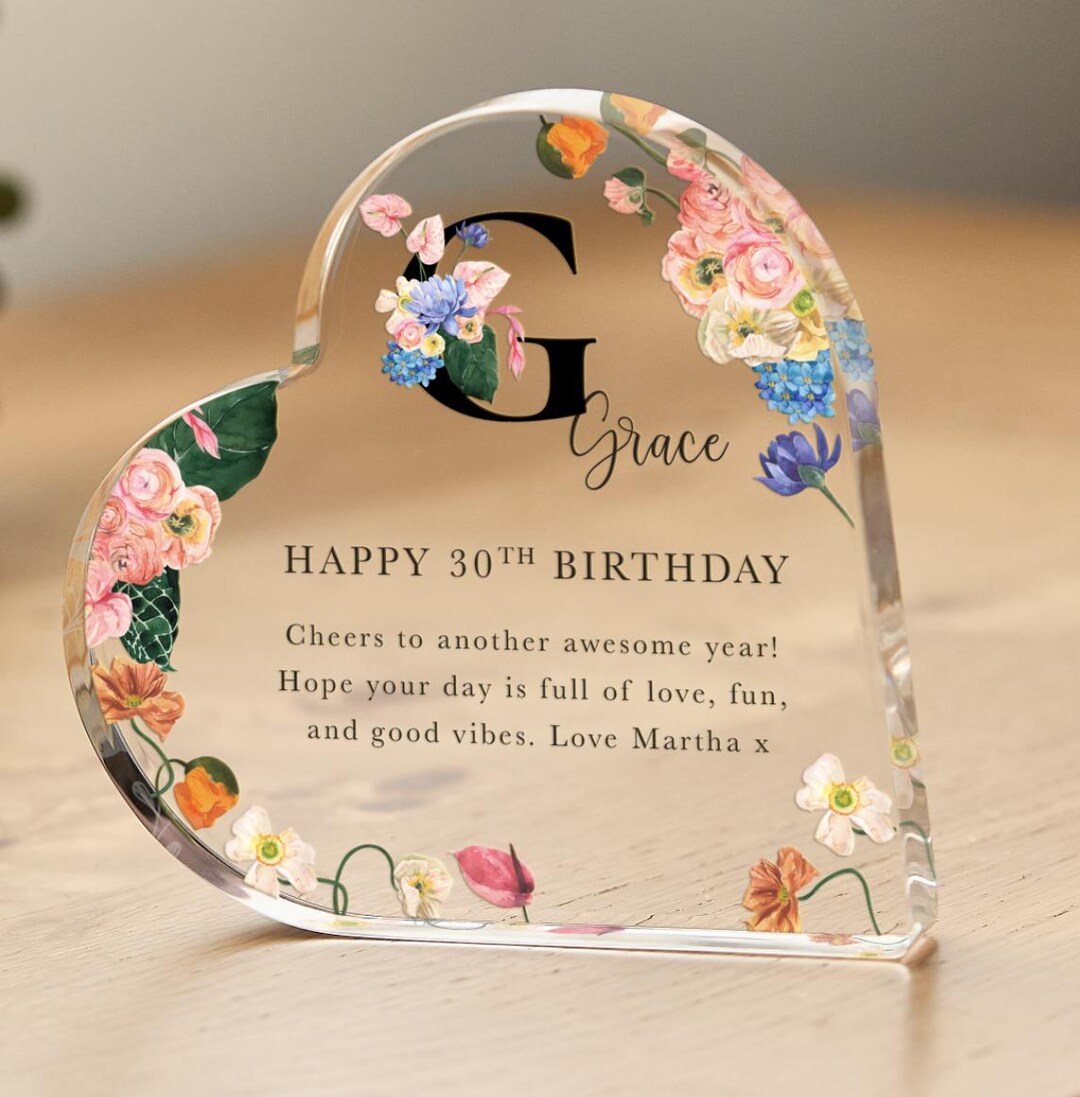 Personalised Birthday Gift for Her Floral Acrylic Plaque Heart Keepsake ...