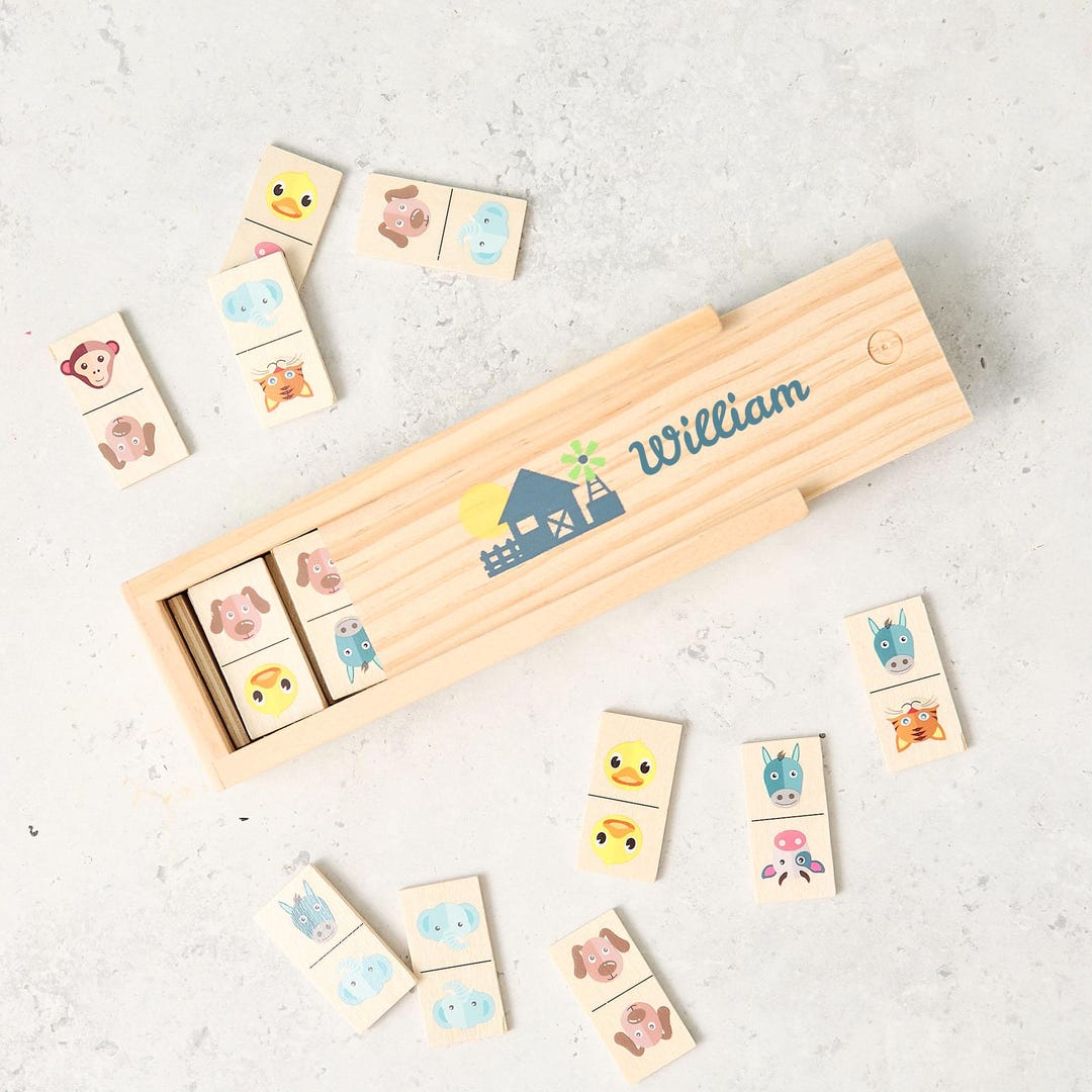 Personalised Wooden Domino Game Kids Animal Matching Toy in Custom Box ...