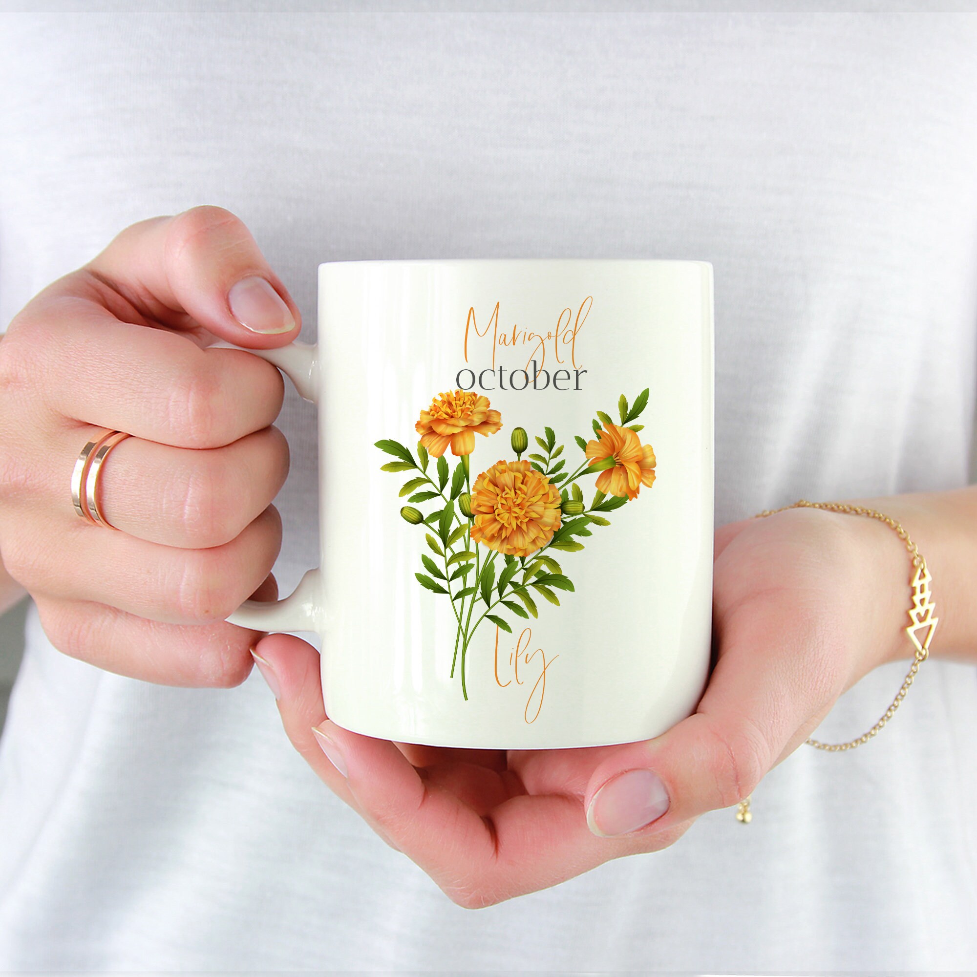 Personalised Birth Flower Mug / October Birth Flower Marigold - Etsy
