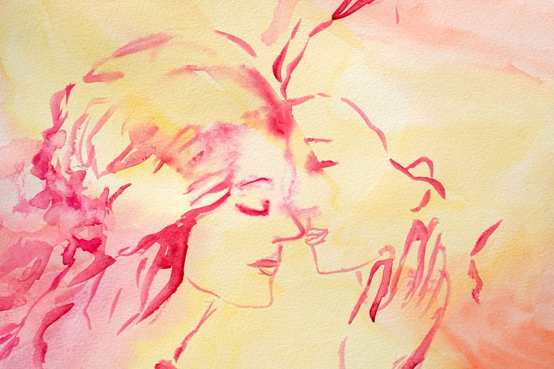 ARTE ORIGINAL, pintura de AMOR, pareja tierna, rosa rojo amarillo ...