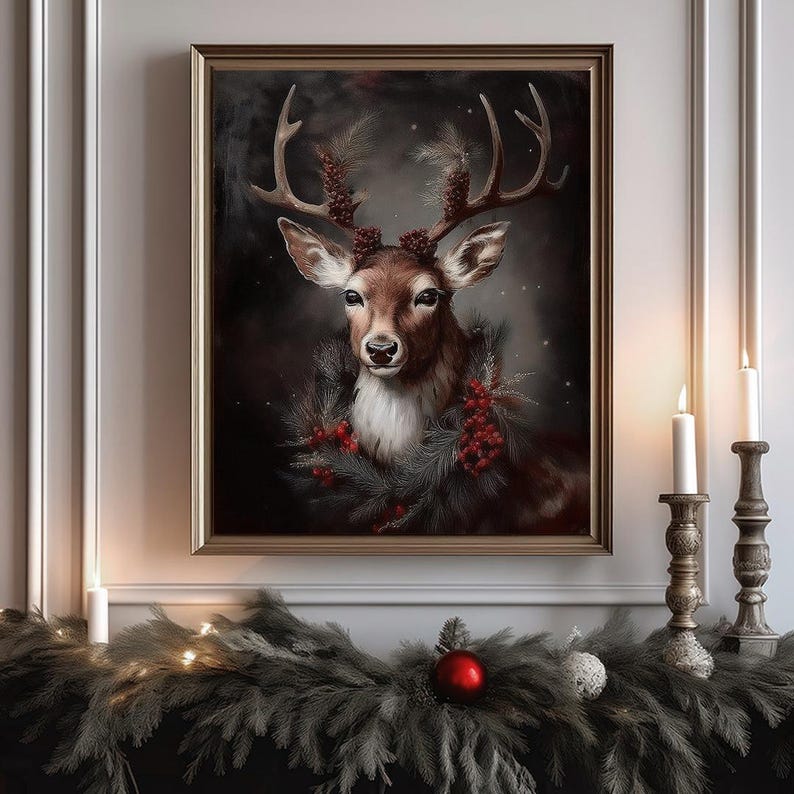 Vintage Christmas Wall Art Print/ Vintage Christmas Deer Art Print ...