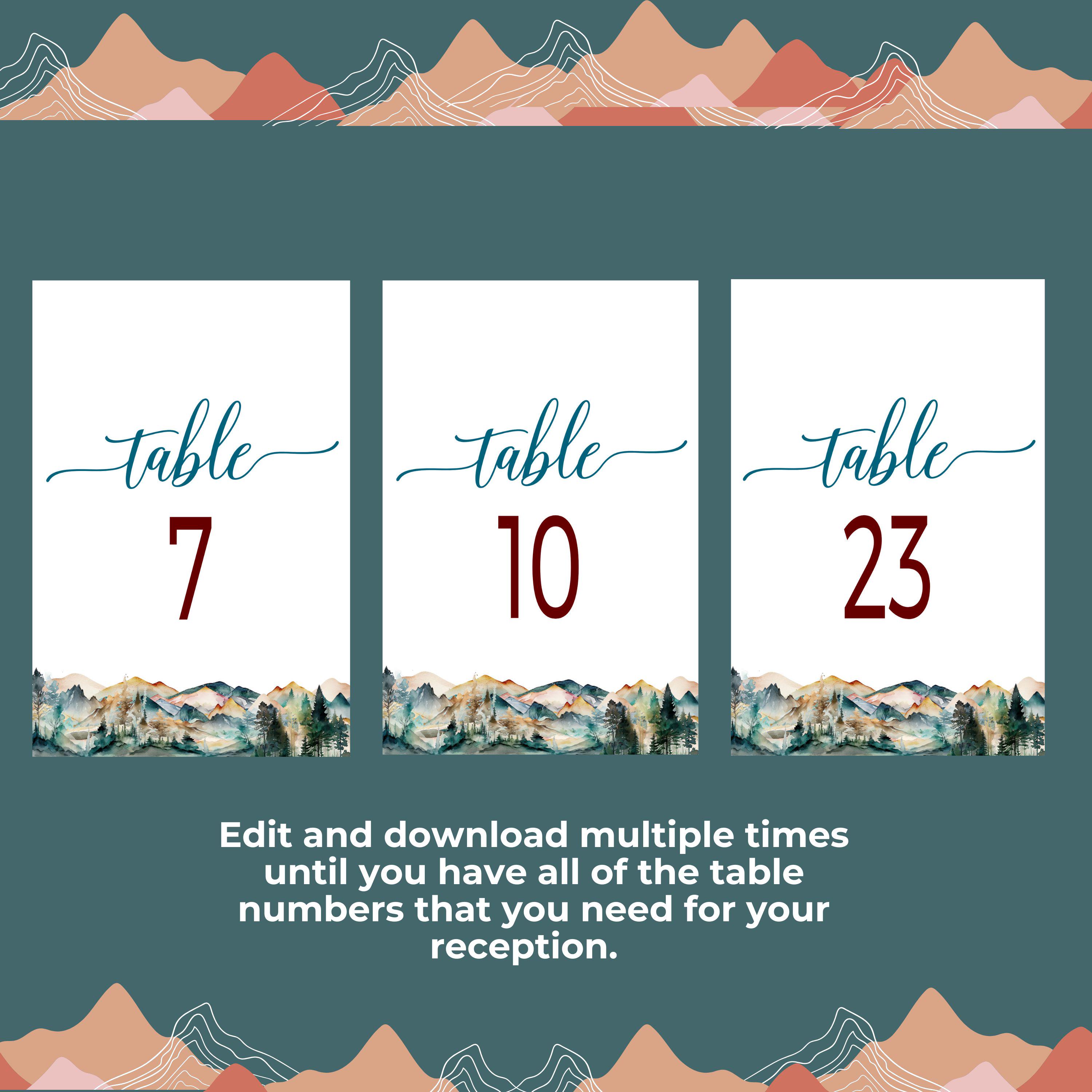 Mountain Table Numbers for Wedding, Watercolor Mountain Themed Table ...