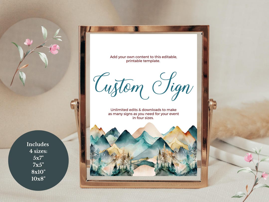 Watercolor Mountain Custom Sign Template, Wedding Shower Party Decor ...