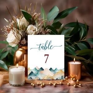 Mountain Table Numbers for Wedding, Watercolor Mountain Themed Table ...