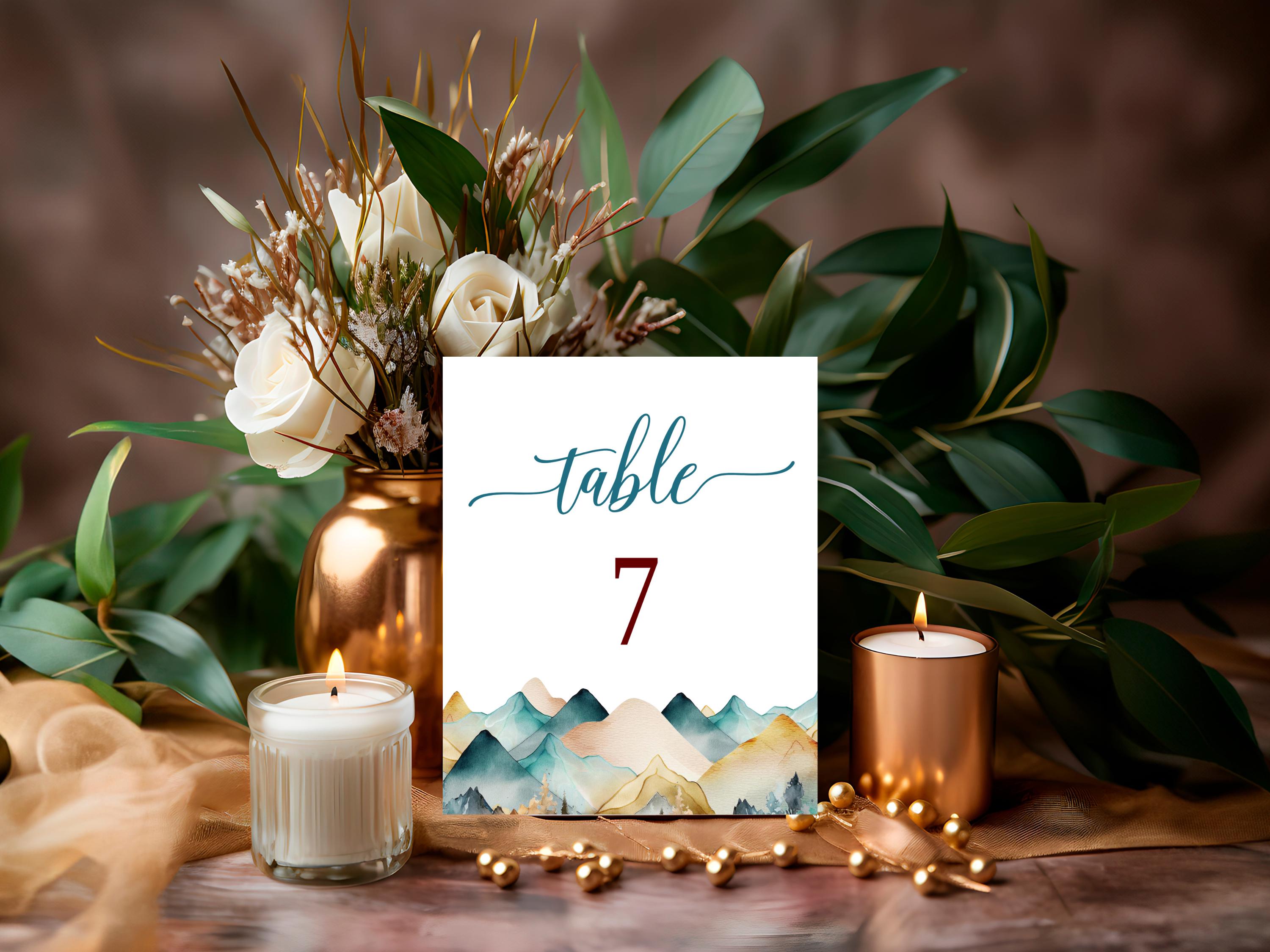 Mountain Table Numbers for Wedding, Watercolor Mountain Themed Table ...
