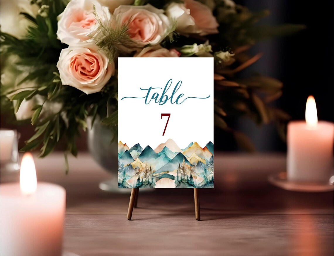 Mountain Table Numbers for Wedding, Watercolor Mountain Themed Table ...