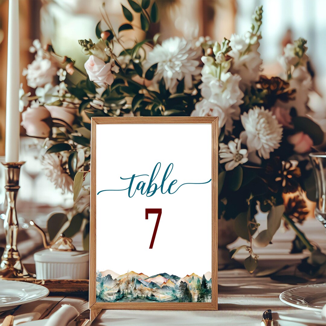 Mountain Table Numbers for Wedding, Watercolor Mountain Themed Table ...