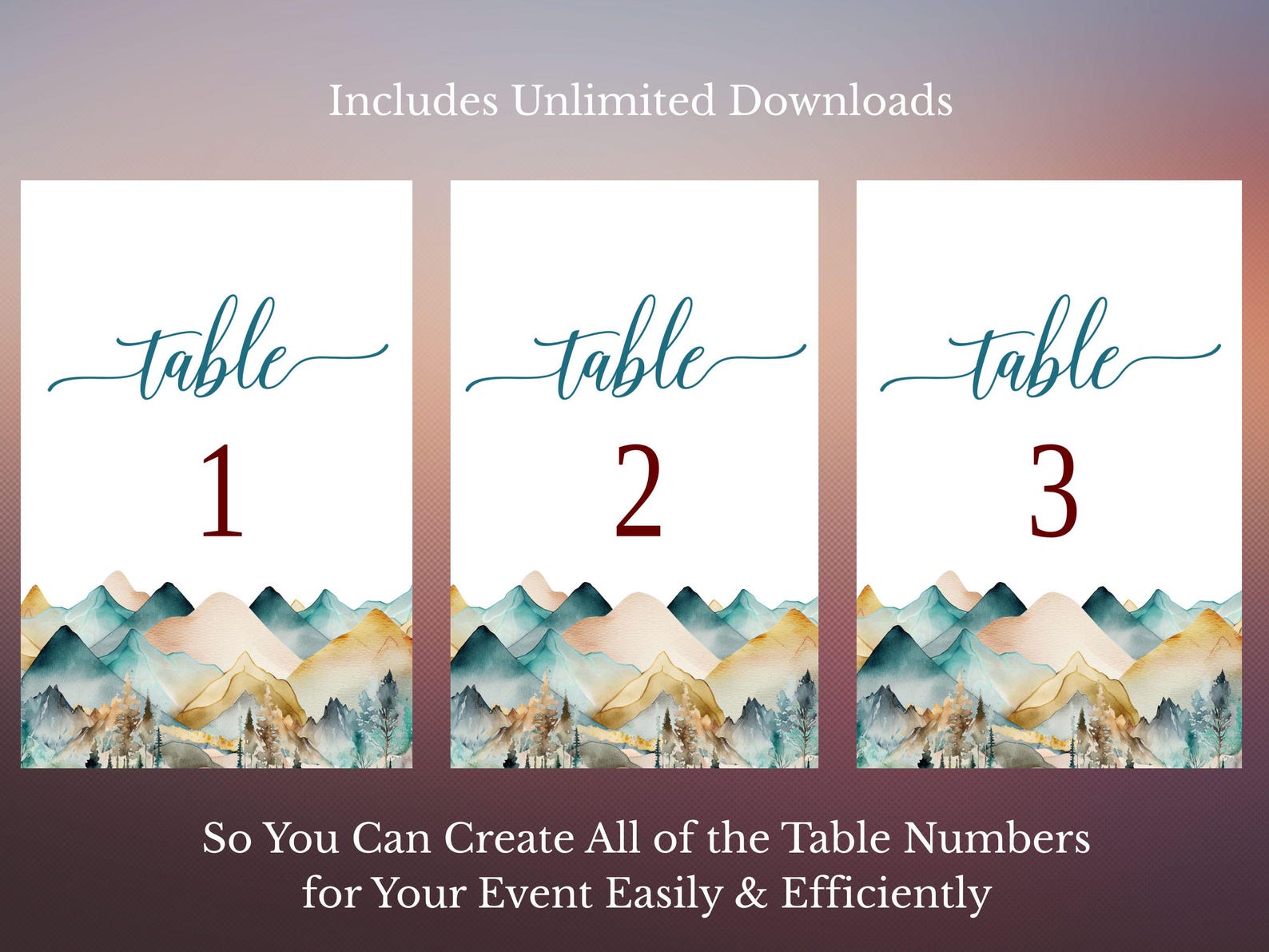 Mountain Table Numbers for Wedding, Watercolor Mountain Themed Table ...