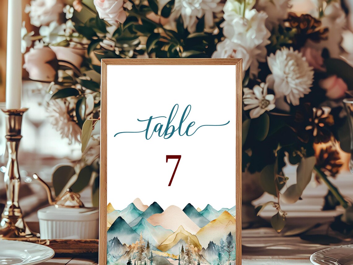 Mountain Table Numbers for Wedding, Watercolor Mountain Themed Table ...
