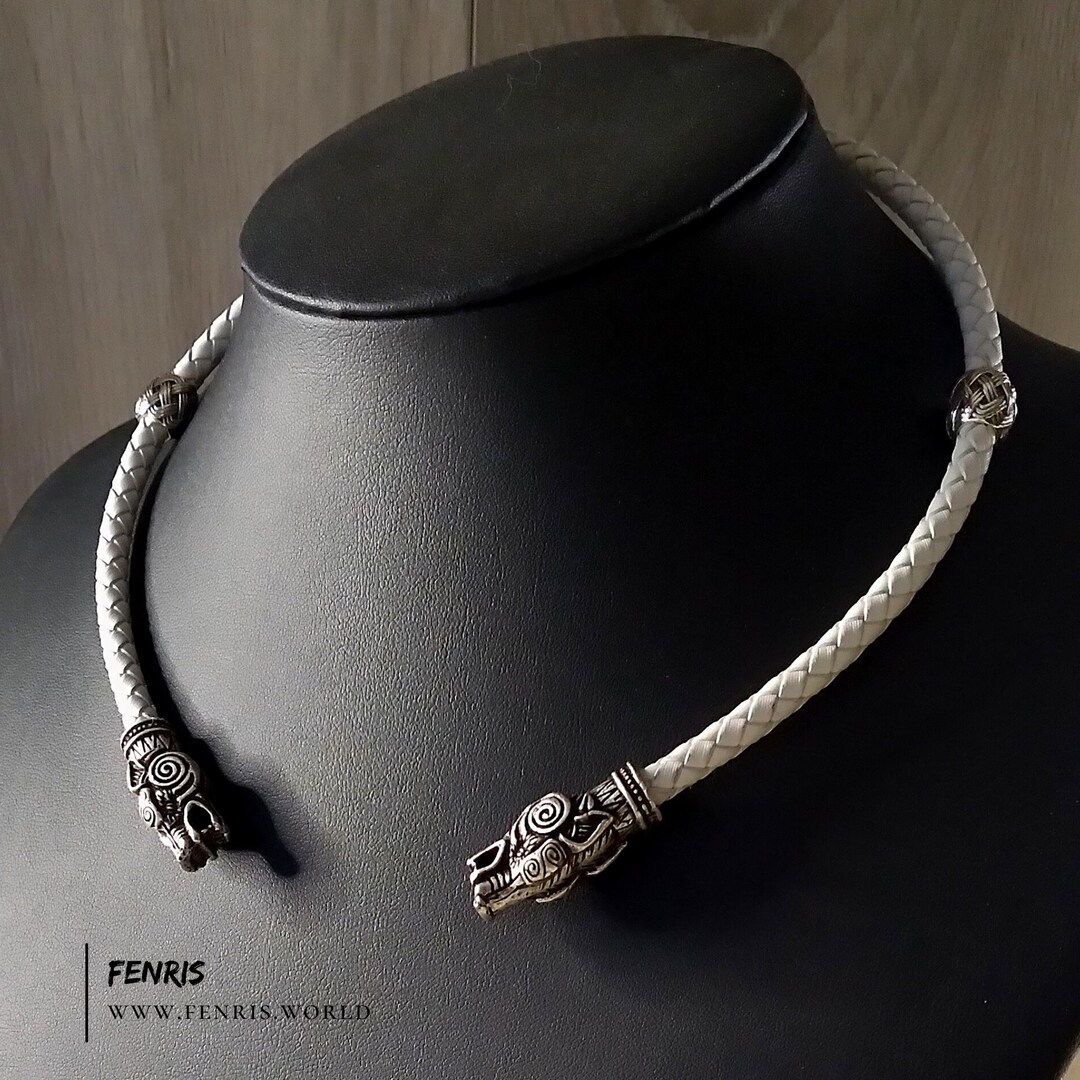 Wedding Torc Necklace Silver Wolf White Leather Winter Viking Celtic ...