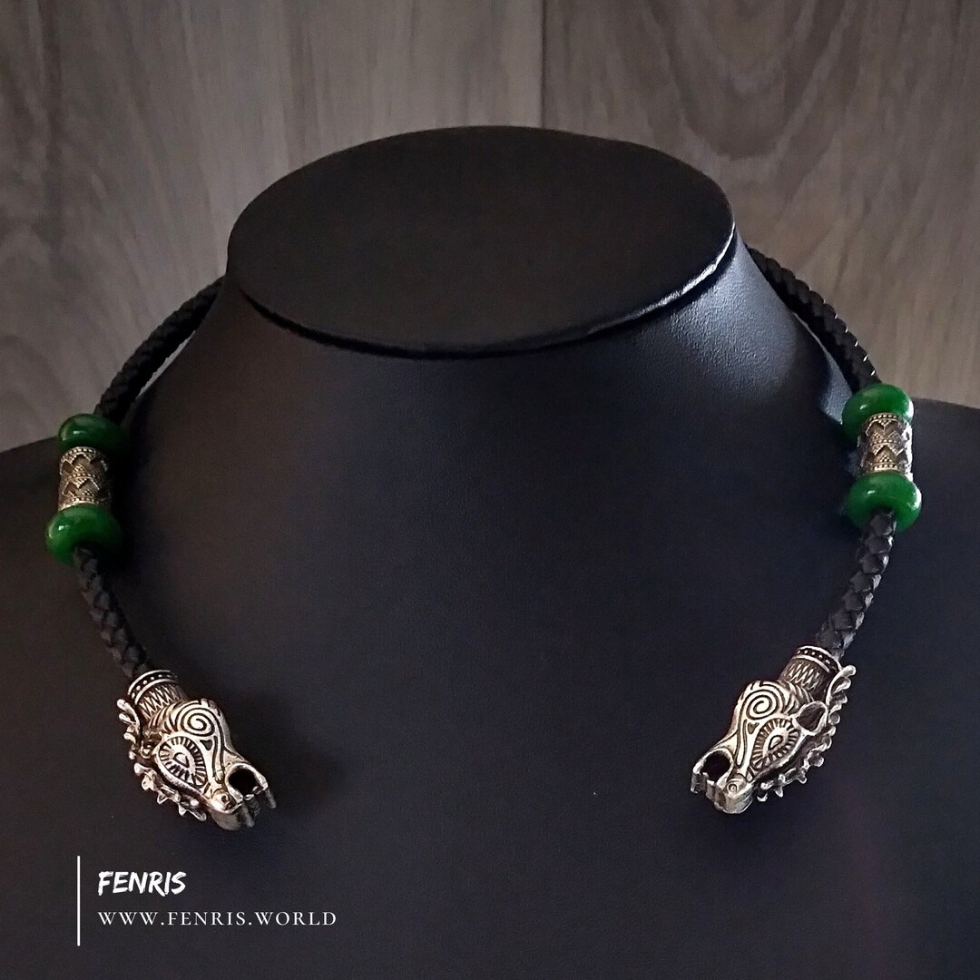 Stag Torc Necklace Silver Green Jade Black Leather Celtic Norse Viking ...
