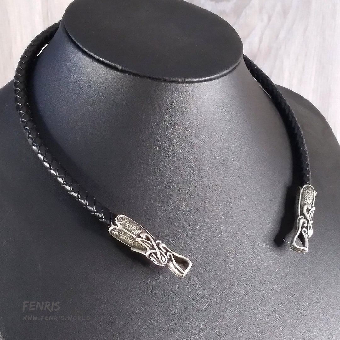 Celtic Dragon Torc Necklace Silver Black Leather Norse Viking Style ...