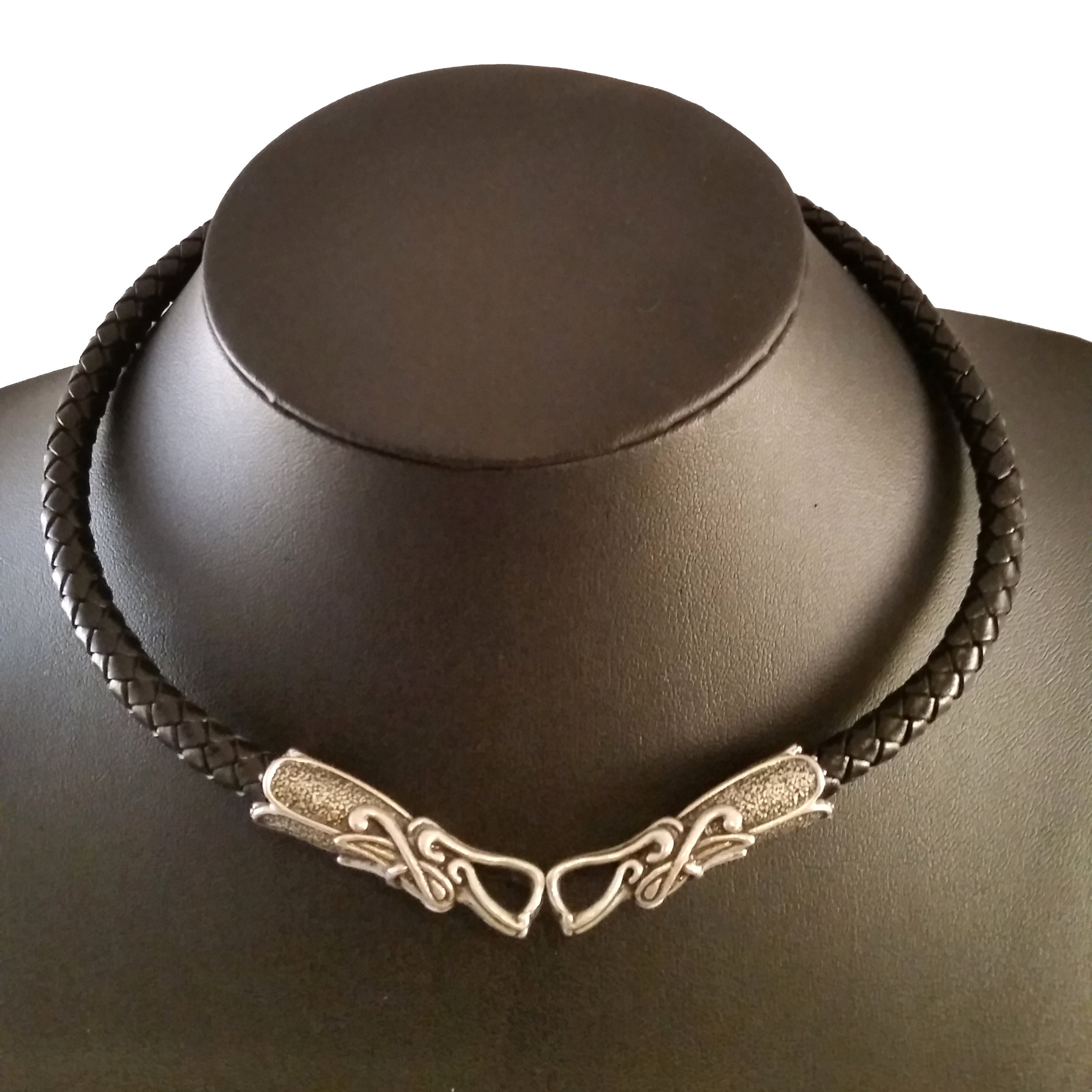 Celtic Dragon Torc Necklace Silver Black Leather Norse Viking Style ...