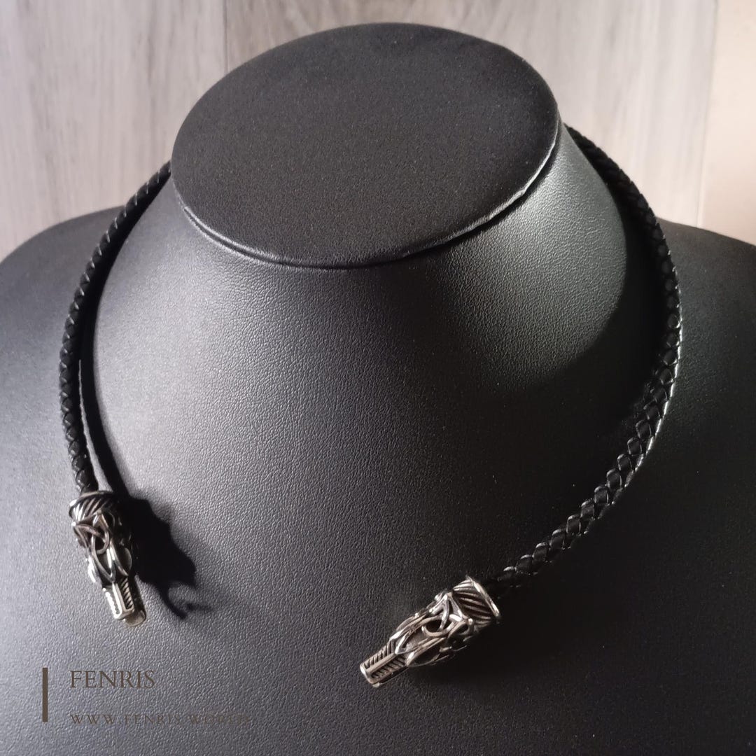 Wolf Torc Necklace Black Leather Silver - Fenris Jewelry - Celtic ...