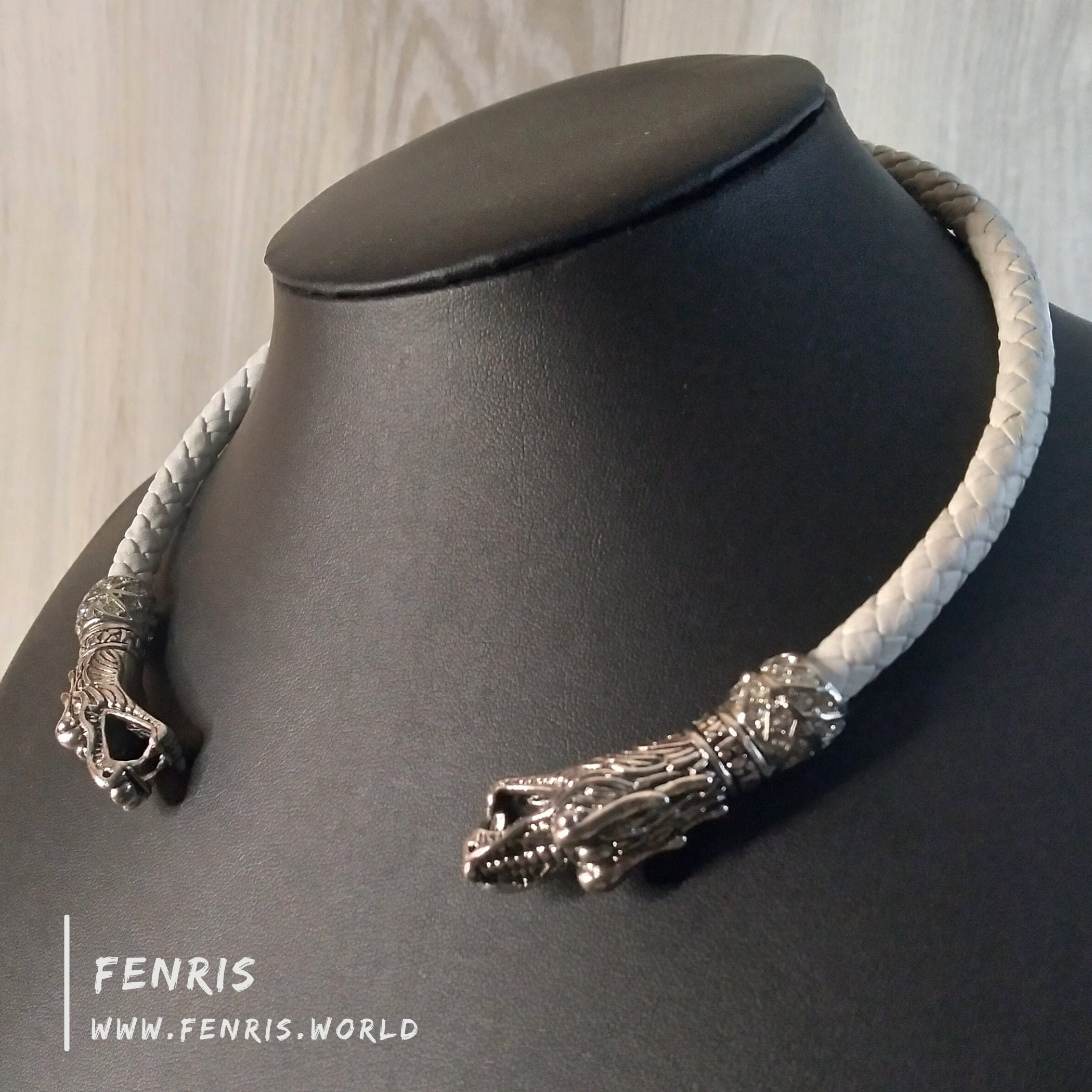 Wedding Torc Necklace Silver Dragons White Leather Winter Viking Celtic ...