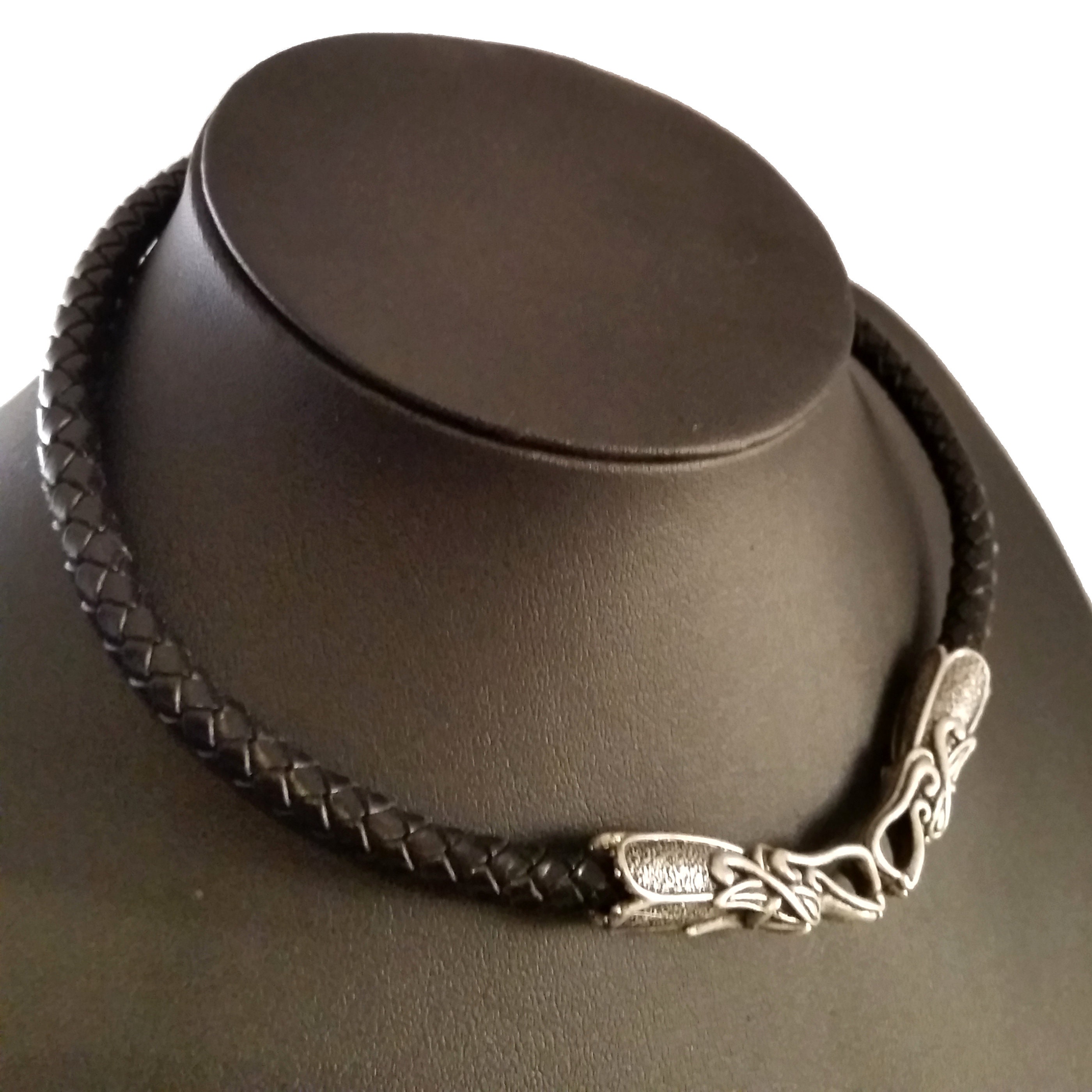 Celtic Dragon Torc Necklace Silver Black Leather Norse Viking Style ...