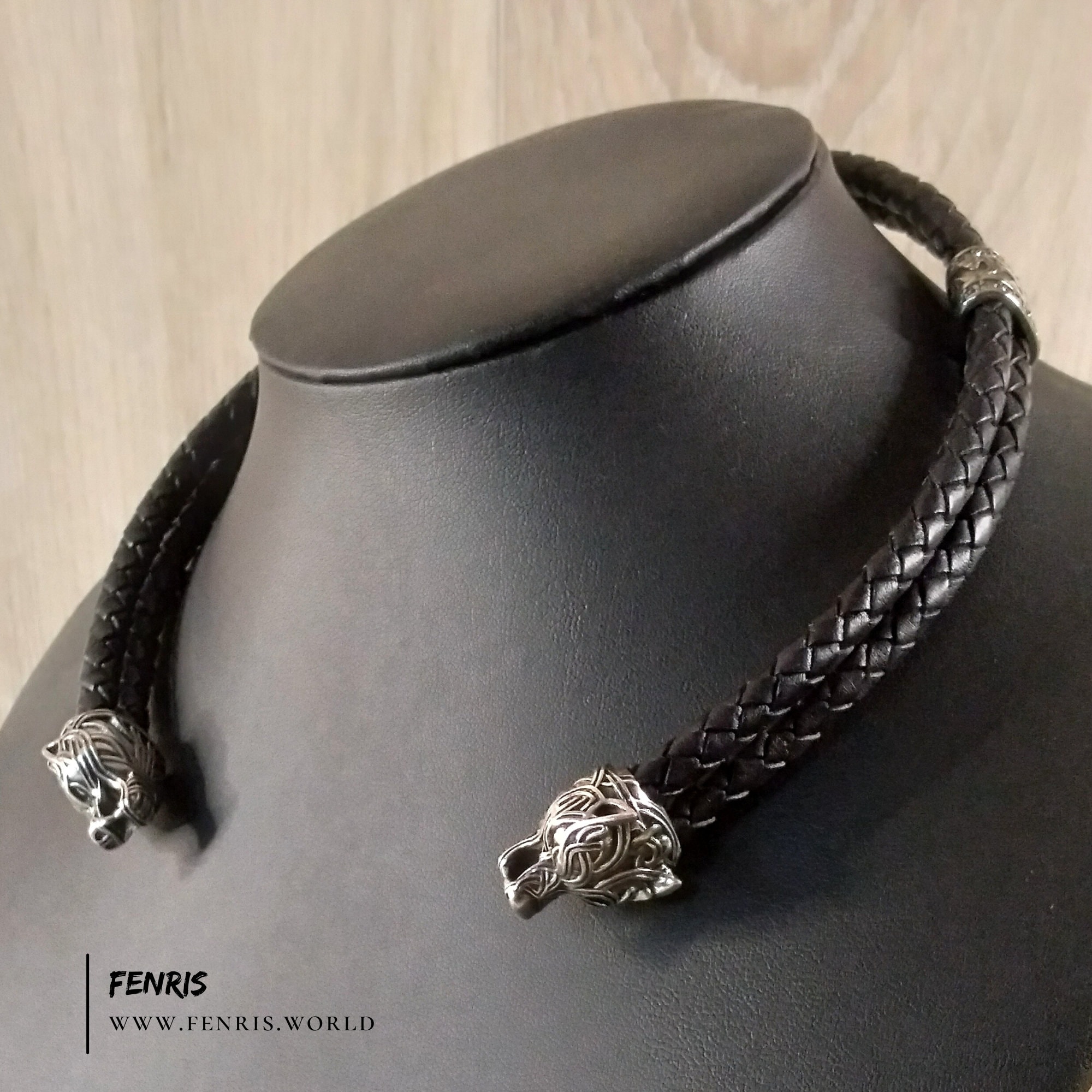 Wolf Torc Silver Black Leather Double Band Necklace Celtic Norse Viking ...