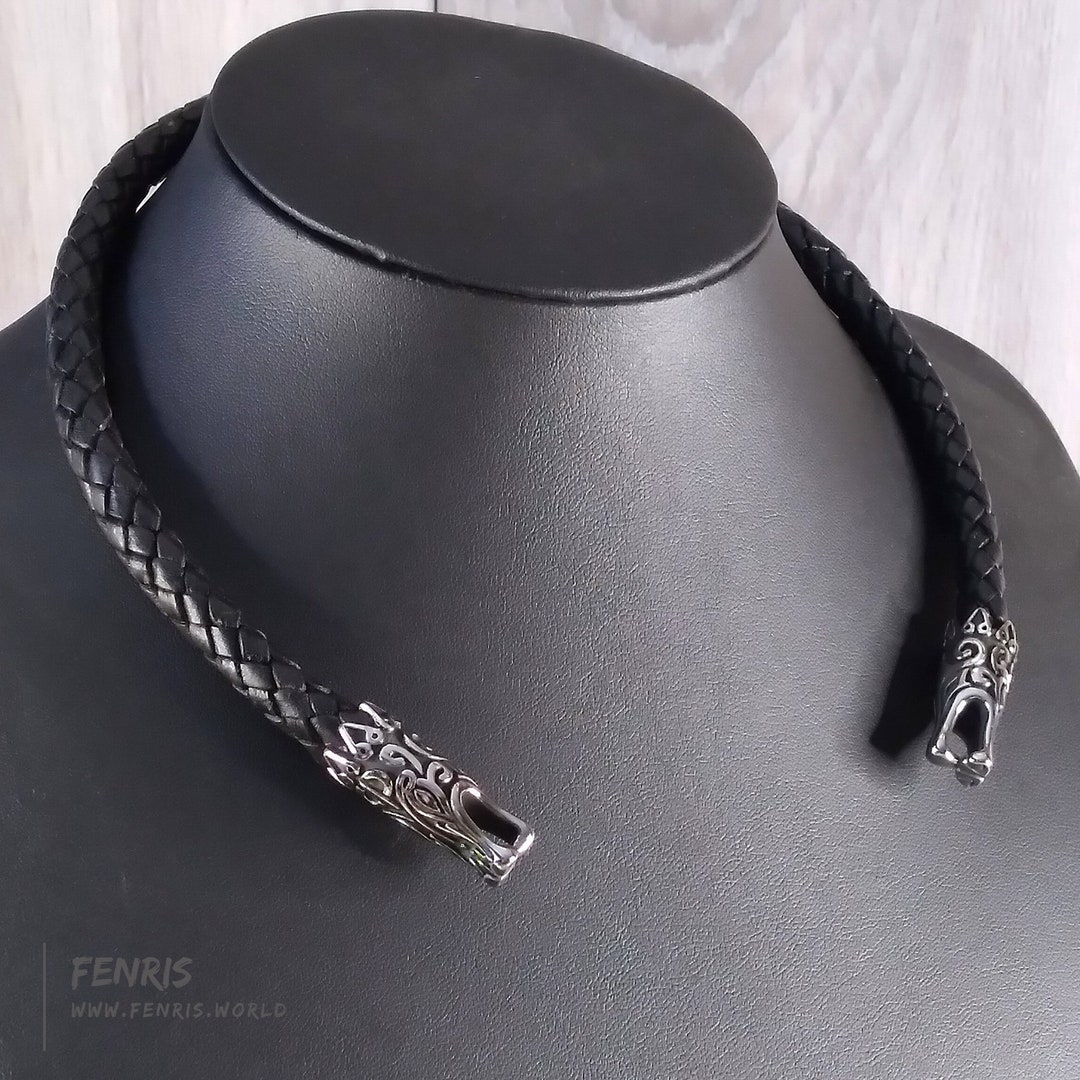 Dragon Torc Necklace Silver Black Leather Celtic Norse Viking Style ...