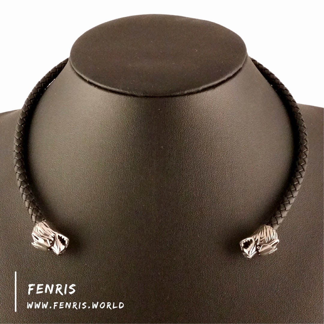 Wolf Torc Necklace Silver Black Leather Celtic Norse Viking Style ...