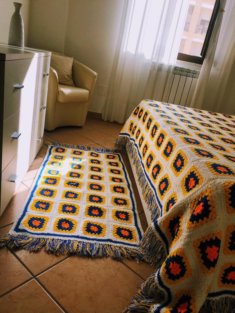 50s Vintage Handmade Granny Squares Crocheted Bedding Collection (rugs ...