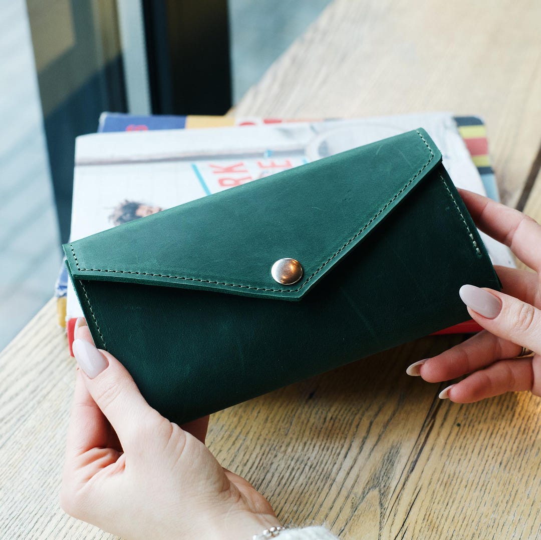 Handmade Emerald Green Leather Wallet: Button Closure, Credit Card ...