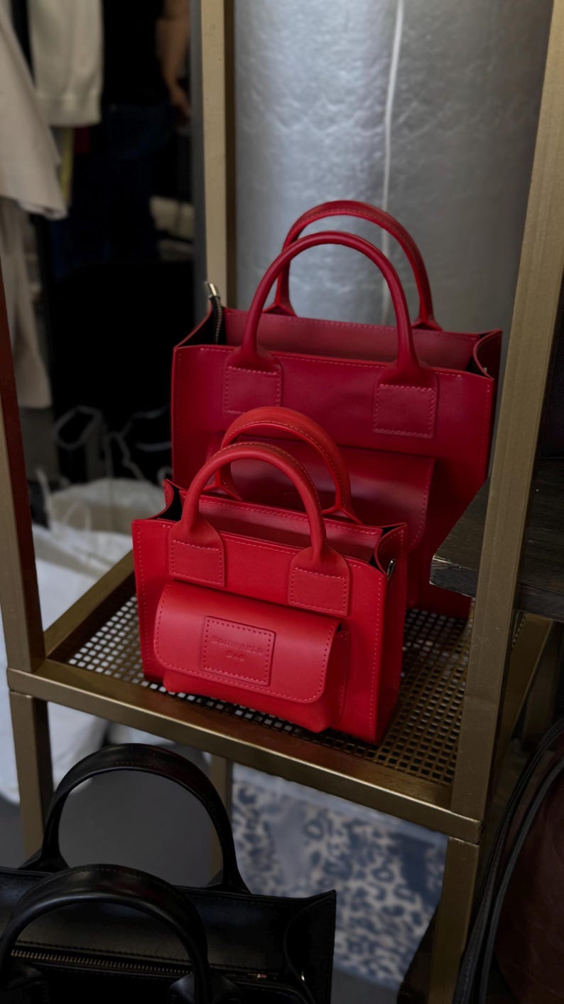 Red Leather Crossbody Tote Bag With Leather Shoulder Strap, Crossbody ...