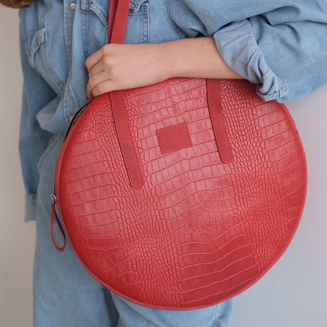 Red Leather Everyday Bag, Leather Shoulder Bag, Round Bag, Handbags ...