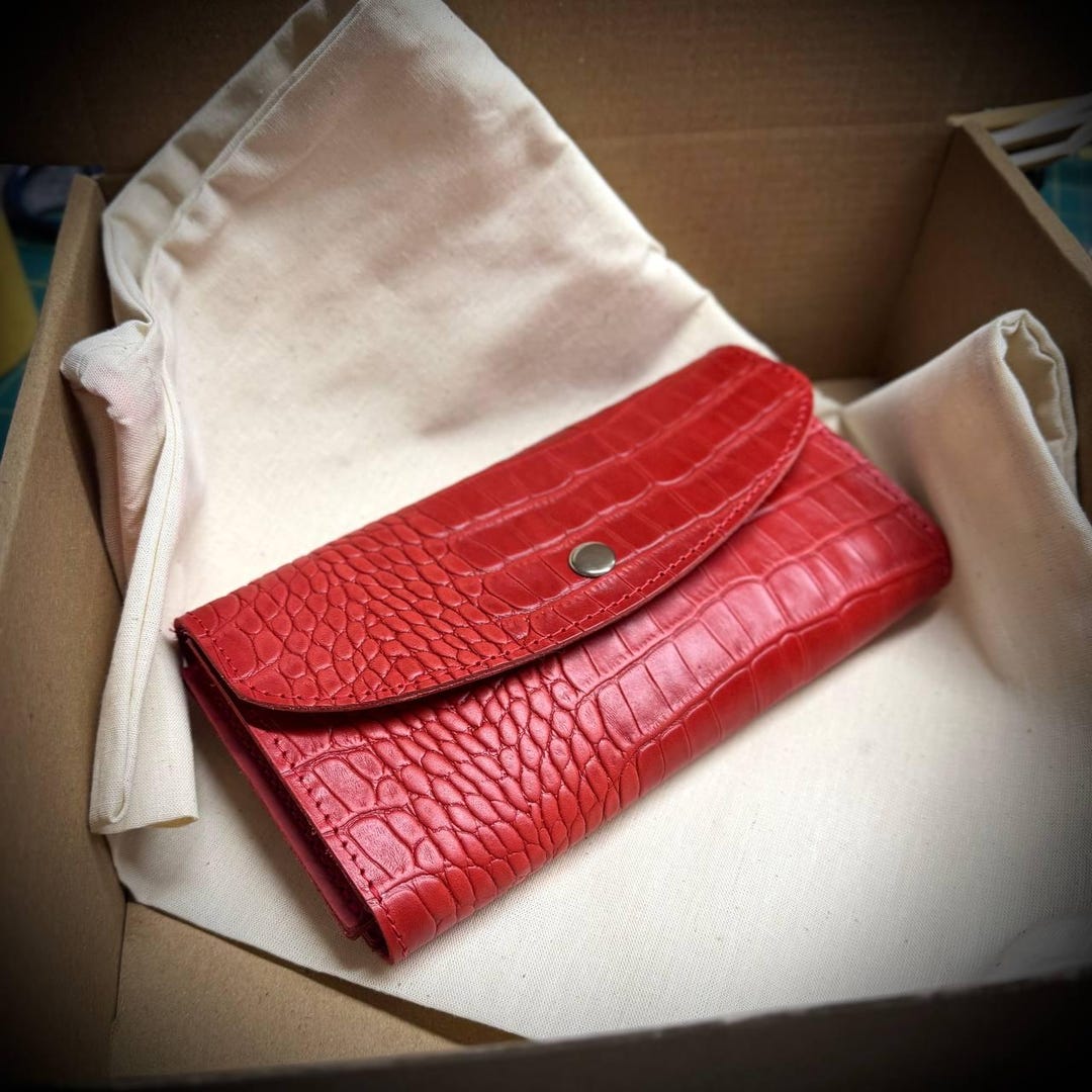 Handmade Red Leather Long Travel Wallet, Long Slim Leather Purse Croc ...