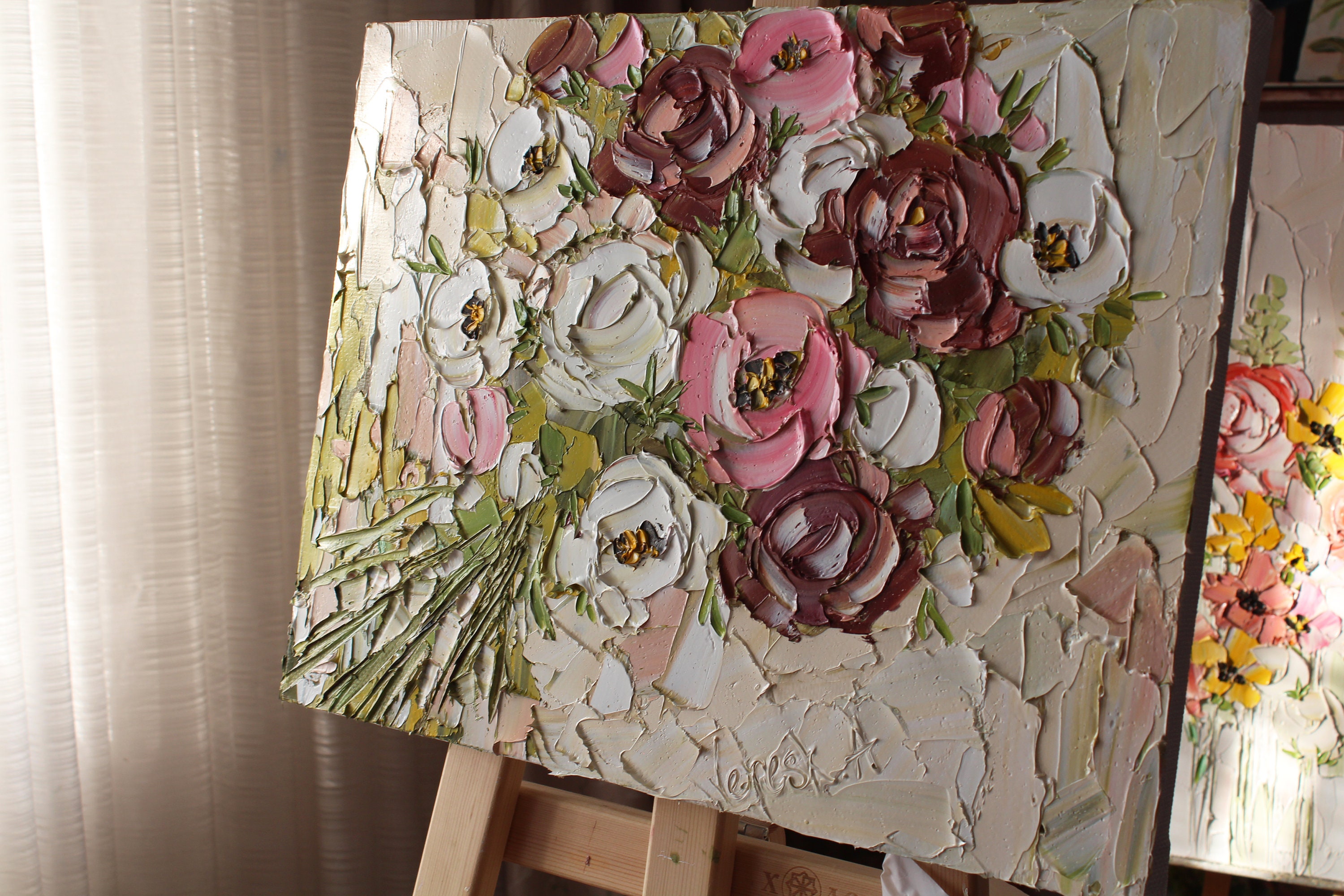 Textured oil painting with bouquet of bright pink burgundy | Etsy