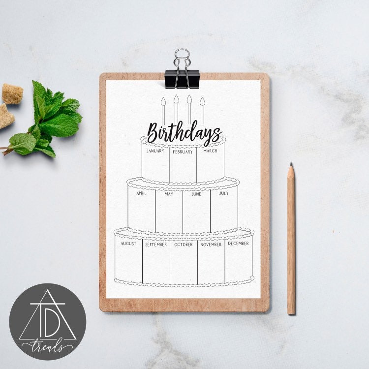 Birthday Tracker, Planner or Bullet Journal Printable Insert - Etsy