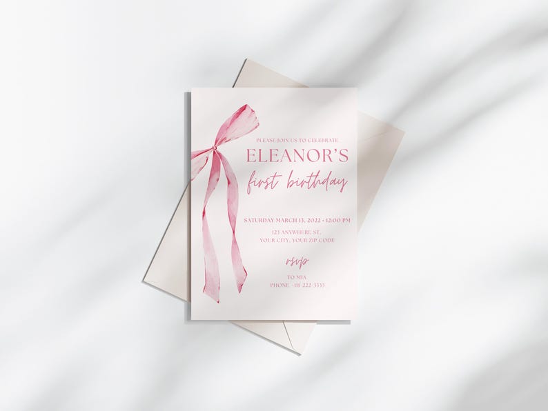 Pink Bow First Birthday Invitation - Dusty Pink Ribbon Invitation ...