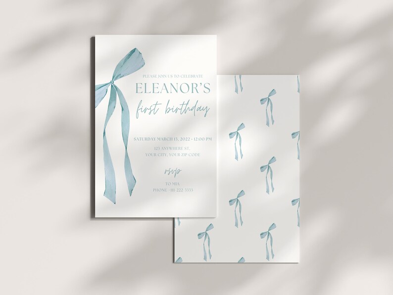 Baby Blue Bow First Birthday Invitation Baby Blue Ribbon Invitation ...