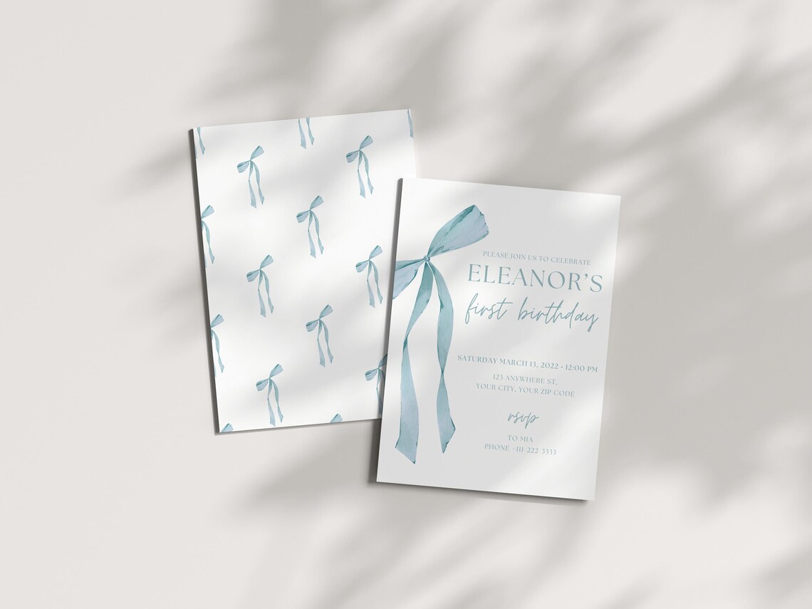 Baby Blue Bow First Birthday Invitation Baby Blue Ribbon Invitation ...