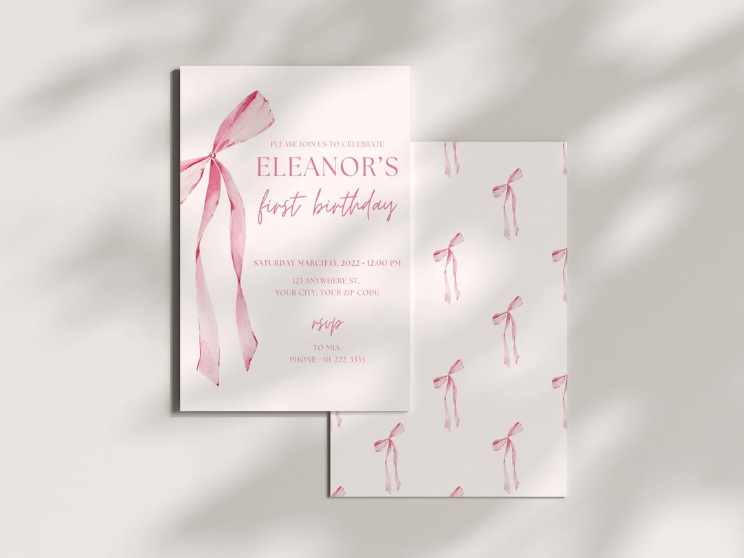 Pink Bow First Birthday Invitation Dusty Pink Ribbon Invitation ...