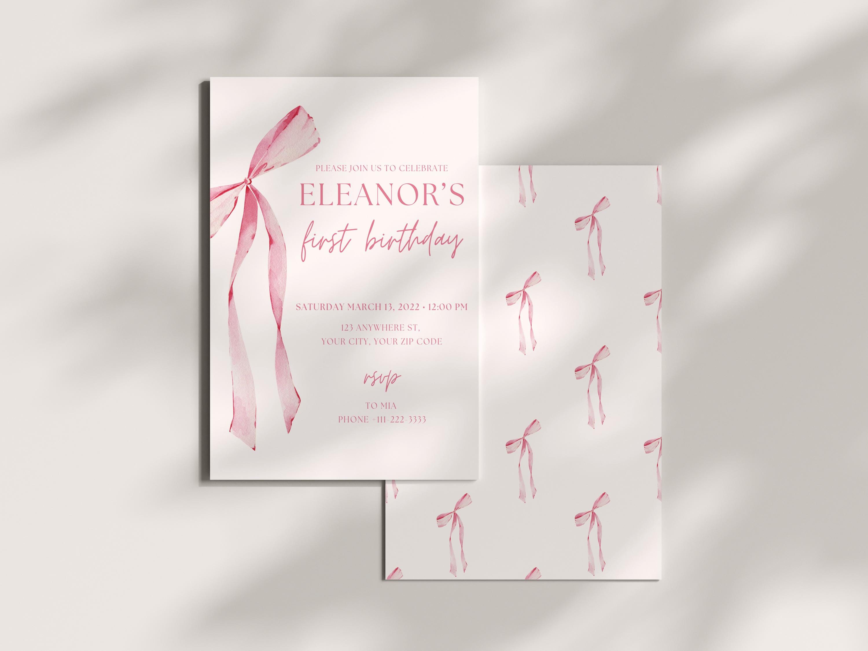 Pink Bow First Birthday Invitation - Dusty Pink Ribbon Invitation ...