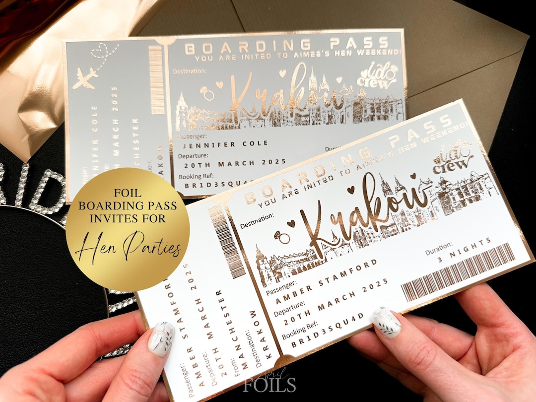 Hen Party Foiled Boarding Pass, Personalised Foil Plane Ticket, Hen Do ...