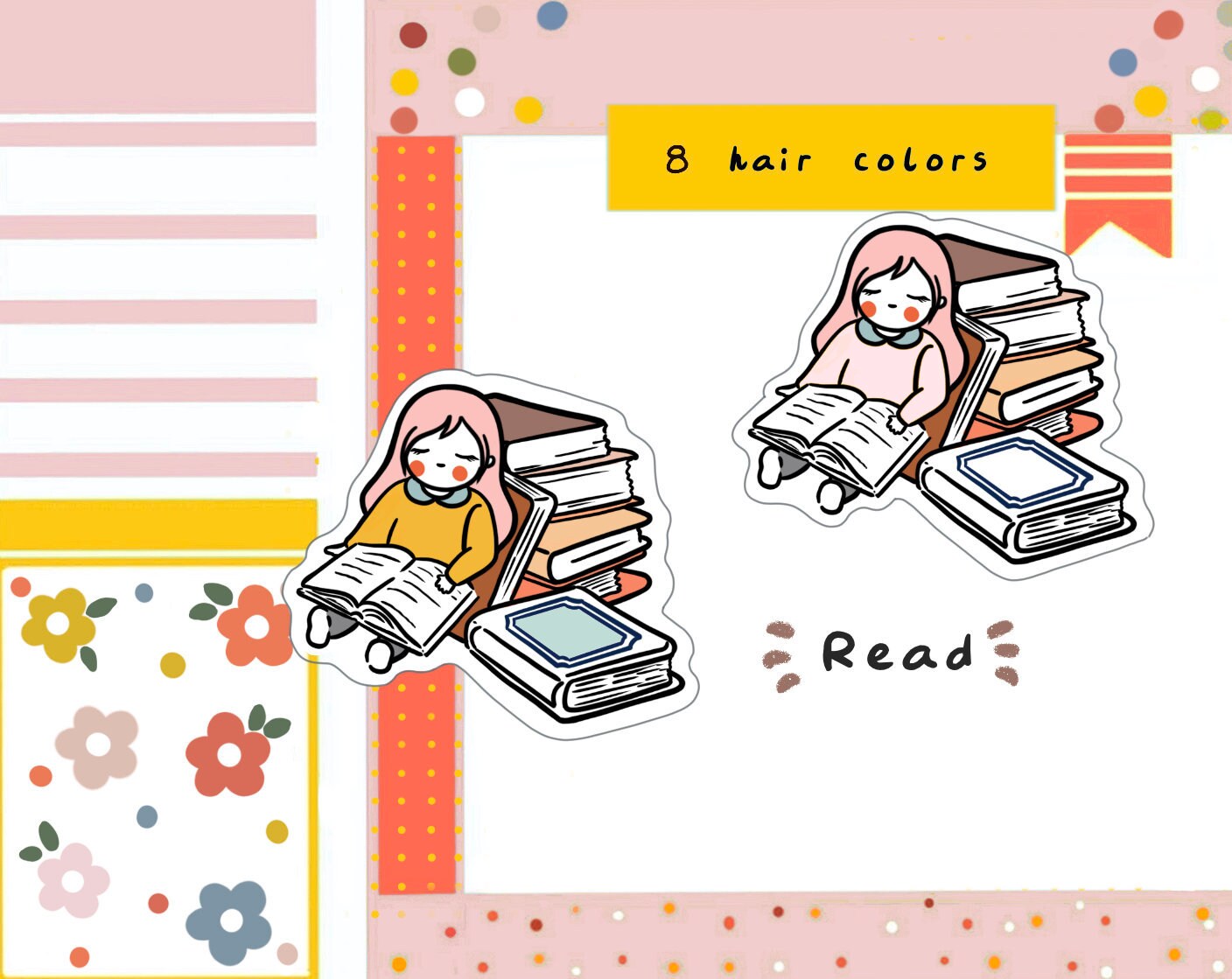 Pk96-sleepy Reading Girls Study Stickers Book Stickers | Etsy