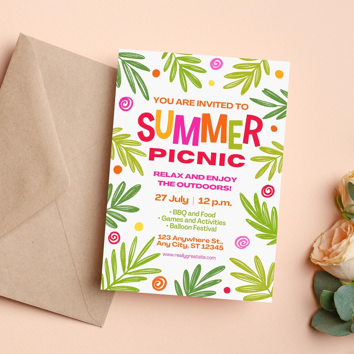 Red & Green Bold Summer Picnic Flyer | Editable Canva Template | Bright ...