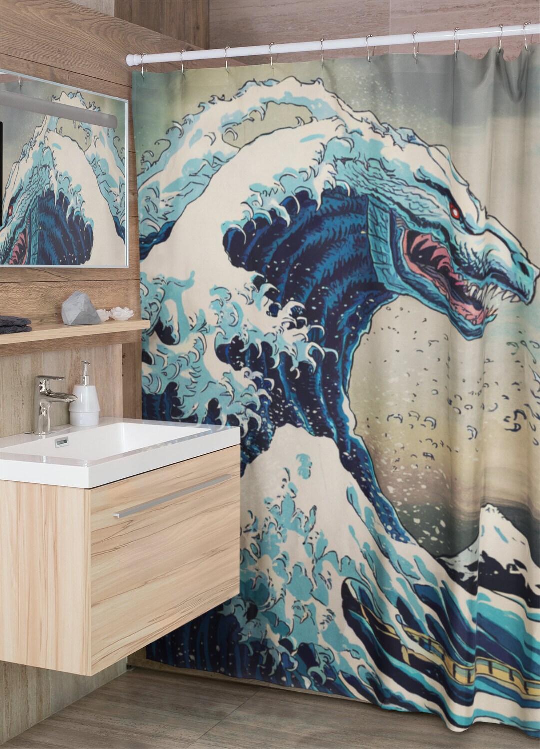 Great Japanese, Wave, Godzilla Shower Curtain, Traditional Japanese Art ...