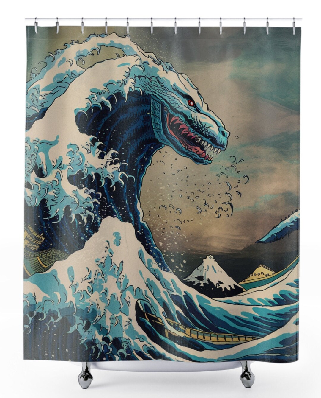 Great Japanese, Wave, Godzilla Shower Curtain, Traditional Japanese Art Bath Curtain ,japanese ...