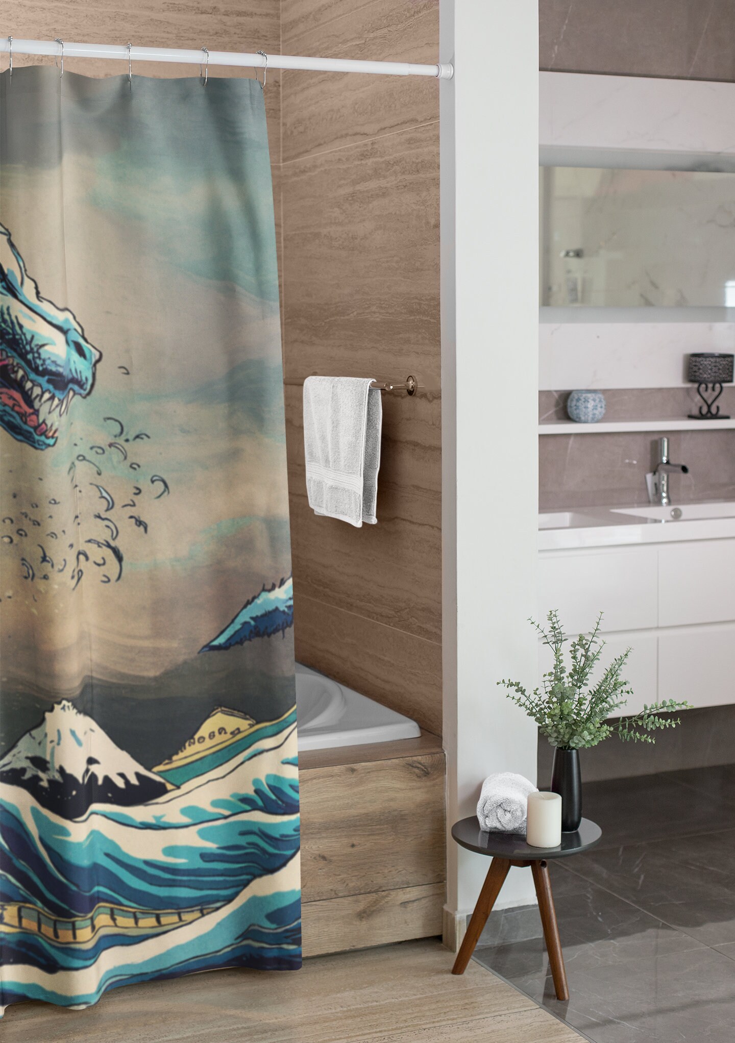Great Japanese, Wave, Godzilla Shower Curtain, Traditional Japanese Art ...