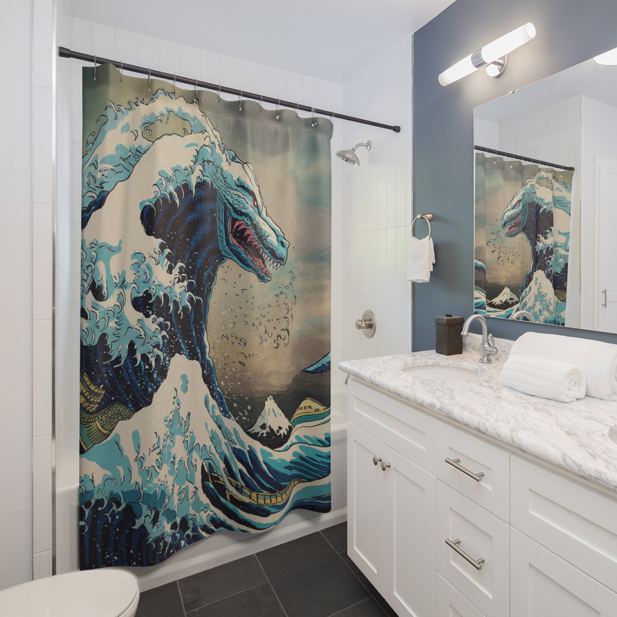 Great Japanese, Wave, Godzilla Shower Curtain, Traditional Japanese Art Bath Curtain ,japanese ...