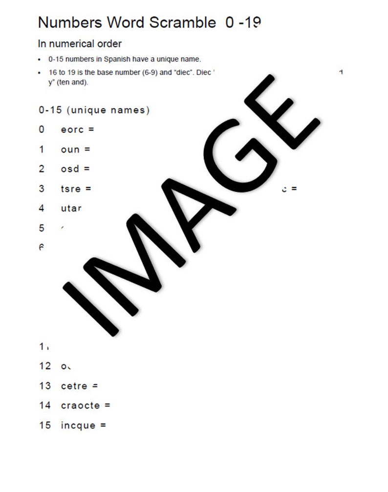 Spanish Numbers 0–19 Word Search/scramble - Etsy