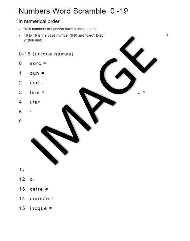 Spanish Numbers 0–19 Word Search/scramble - Etsy