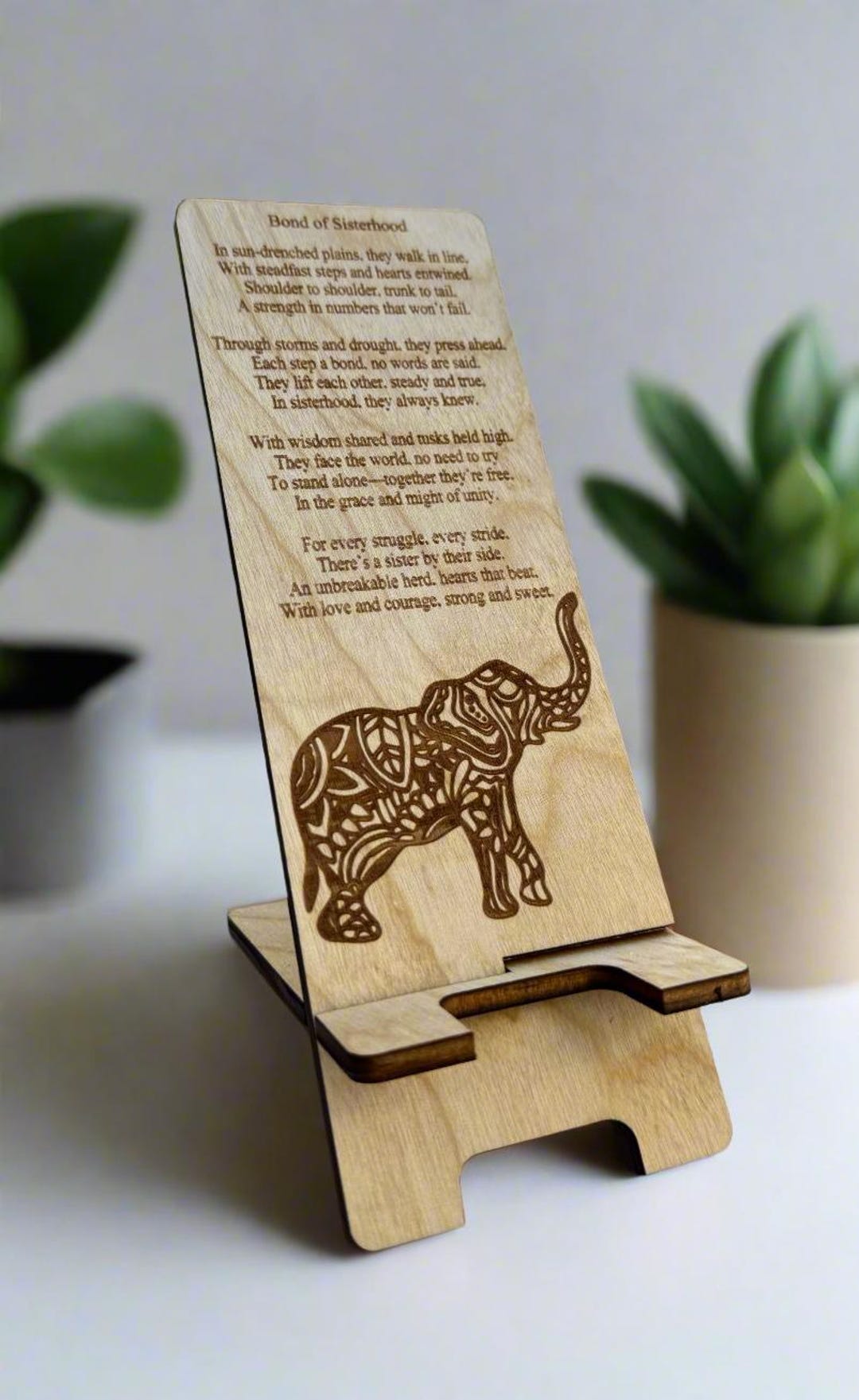 Bonds of Sisterhood Wood Phone Stand, Elephant Laser Engraved Phone ...