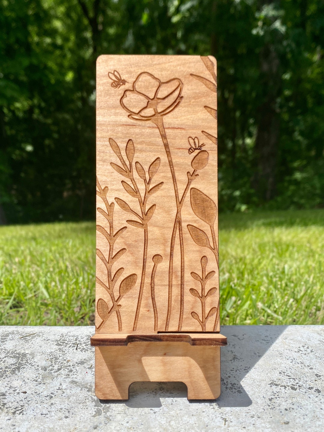 Wildflower and Bees Wood Engraved Cell Phone Stand, Laser Engraved ...